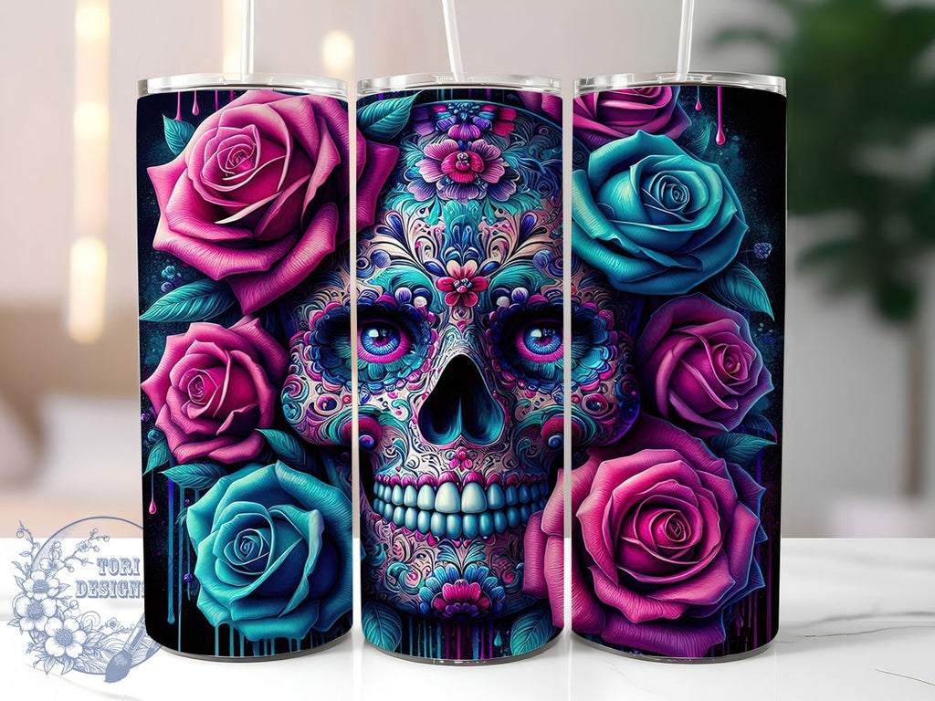 Colorful Sugar Skull Gothic Tumbler, Day Of The Dead Wrap, 20Oz Skinny ...