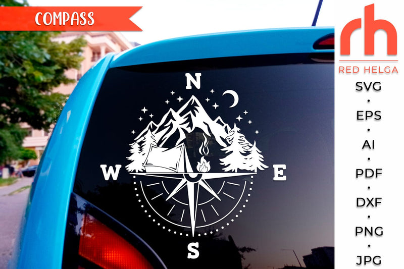 Compass SVG, Camper Scene Cut File, Mountain Landscape DXF - So Fontsy
