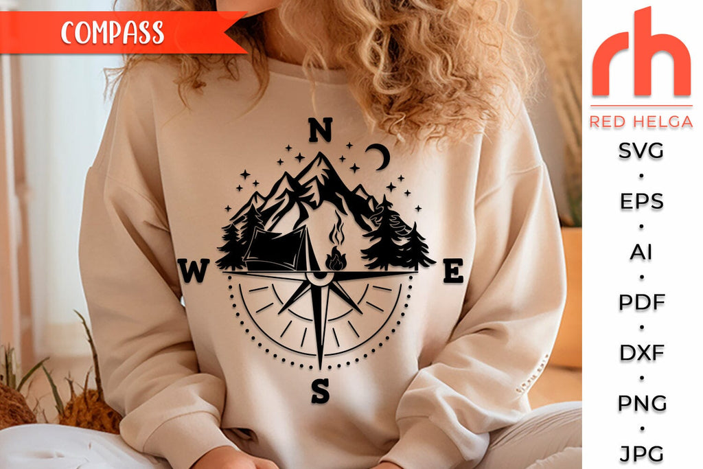 Compass SVG, Camper Scene Cut File, Mountain Landscape DXF - So Fontsy