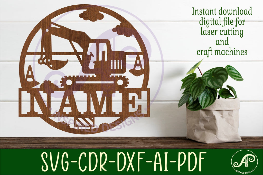 construction digger name sign svg laser cut template - So Fontsy