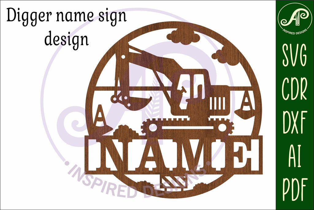 construction digger name sign svg laser cut template - So Fontsy