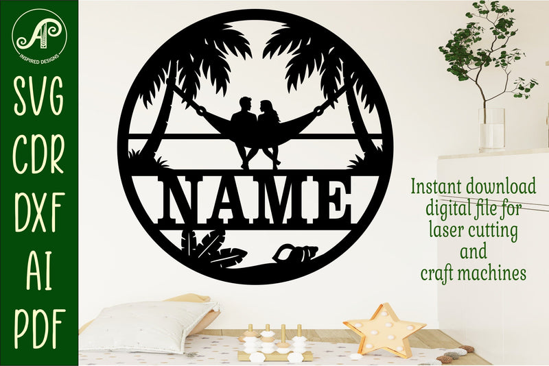 Couple in hammock at beach themed name sign svg laser - So Fontsy