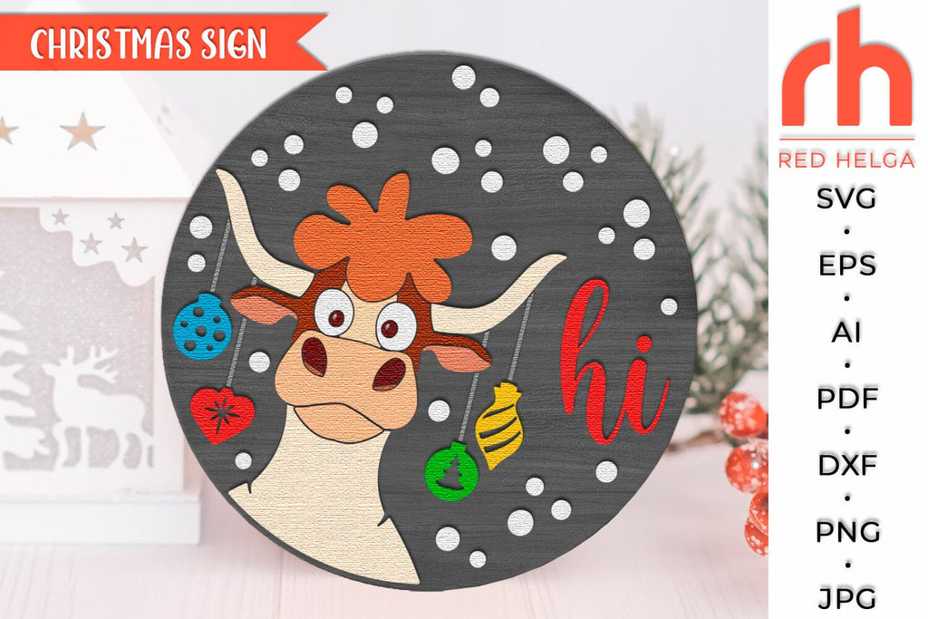Cow Hi SVG, Christmas Door Sign Cut File, Layered Hanger DXF - So Fontsy
