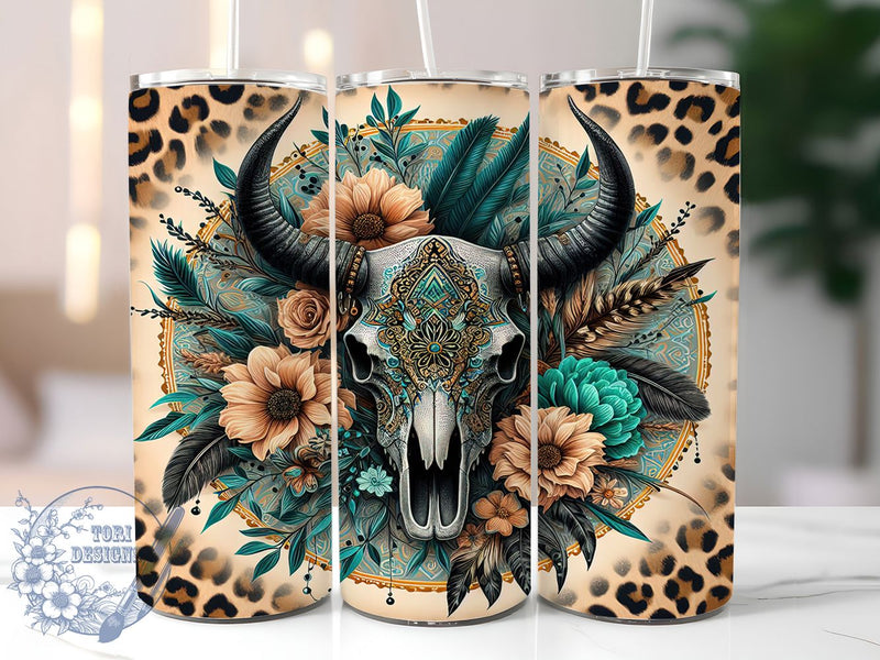 Cow Skull Aztec Floral Tumbler Wrap, Aztec Floral Wrap, Boho Tumbler ...