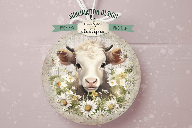 Cow With Daisies Round Sublimation Design - So Fontsy