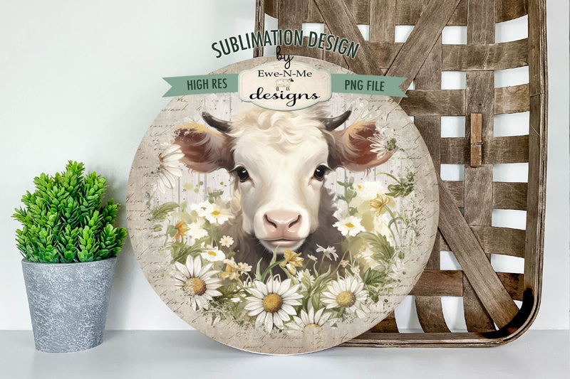 Cow With Daisies Round Sublimation Design - So Fontsy