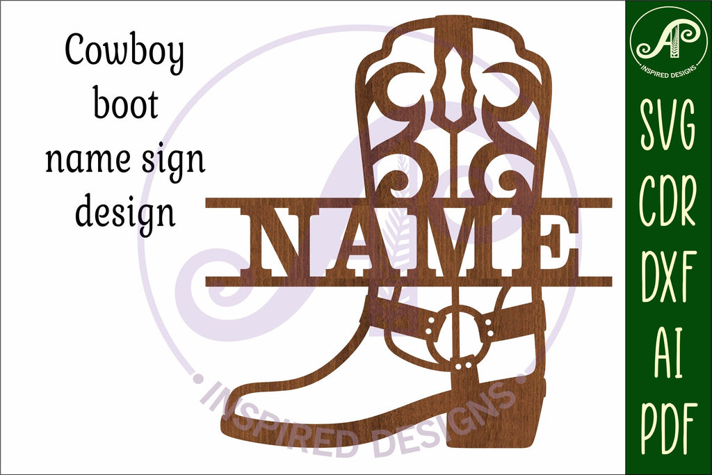 Cowboy boot design name sign svg laser cut template - So Fontsy