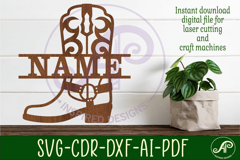 Cowboy boot design name sign svg laser cut template - So Fontsy