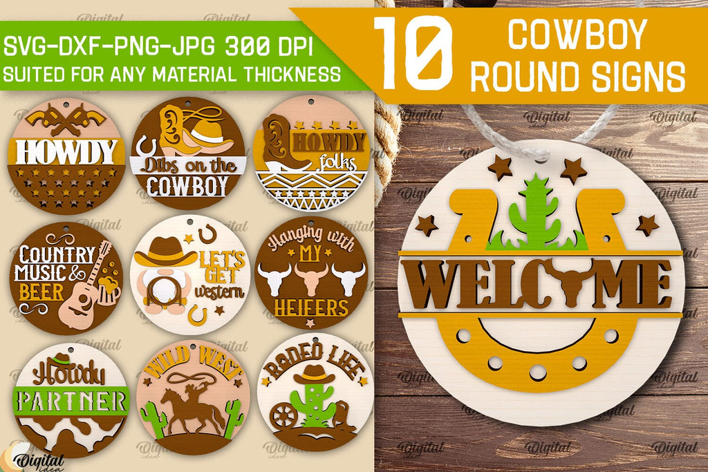 Cowboy Round Signs Laser Cut Bundle. Cowboy Western SVG - So Fontsy