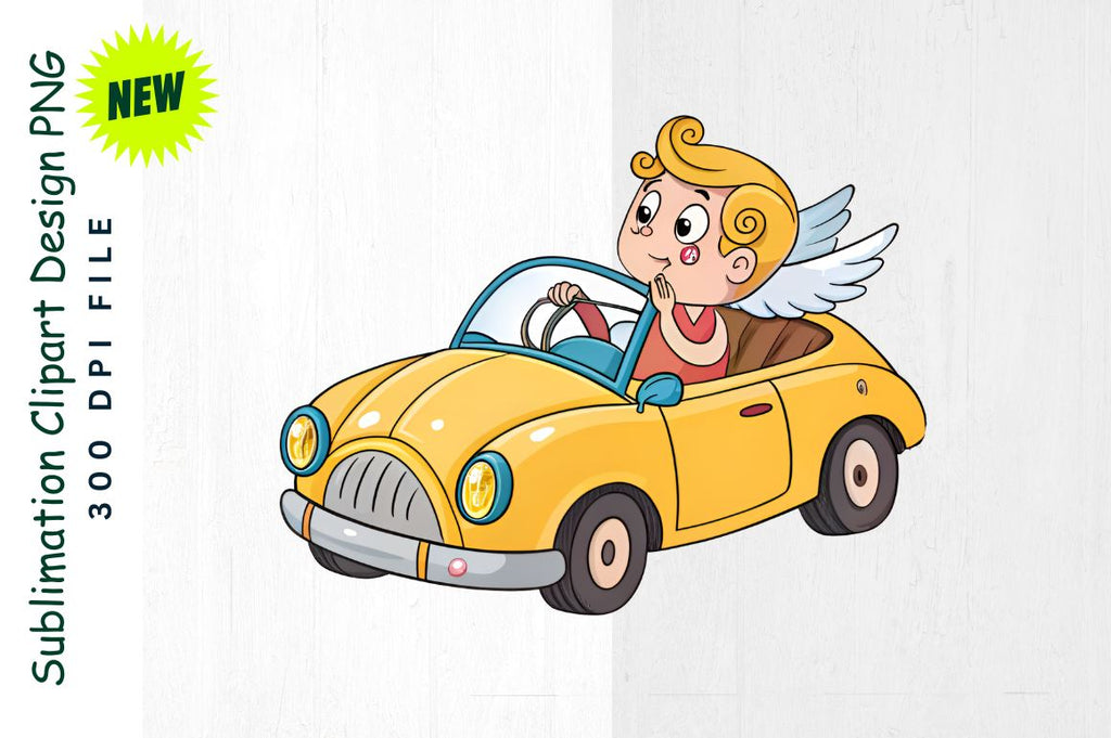 Cupid Driving a Cartoon Car with Floating Hearts Sublimation Clipart ...