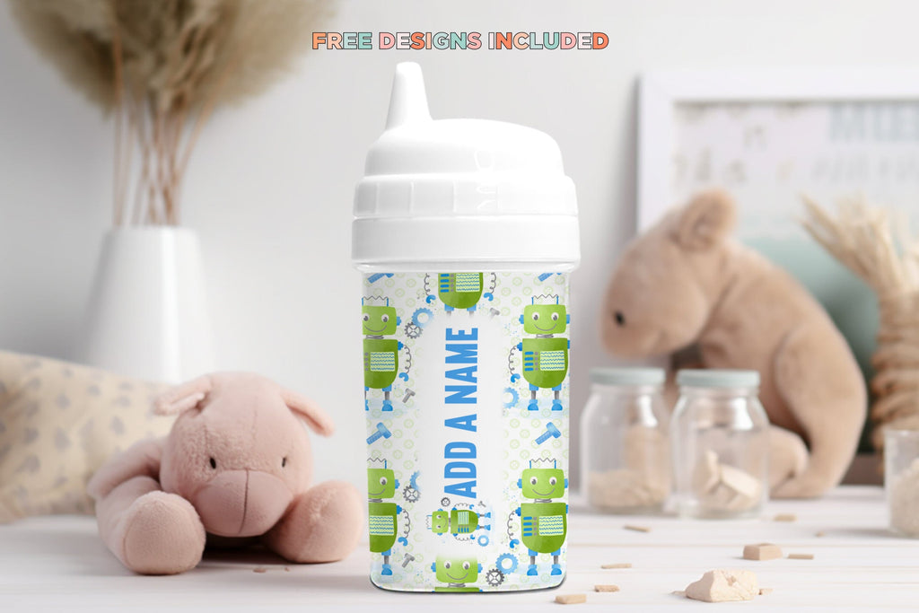Custom Name Robot 12oz Flip Top Sippy Cup Wrap Design - So Fontsy