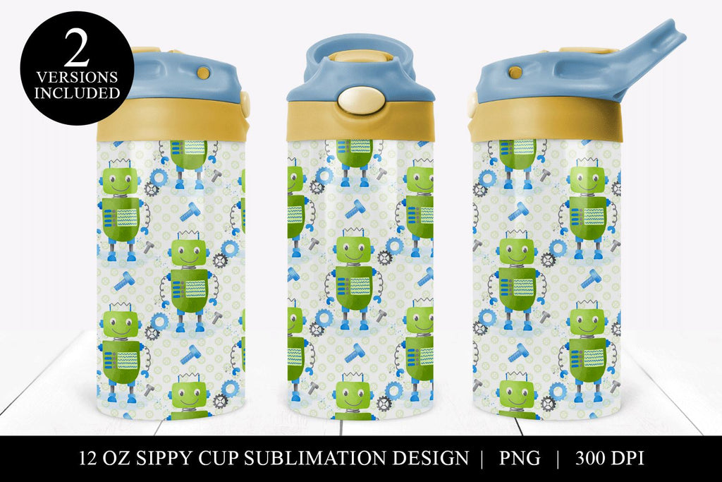 Custom Name Robot 12oz Flip Top Sippy Cup Wrap Design - So Fontsy
