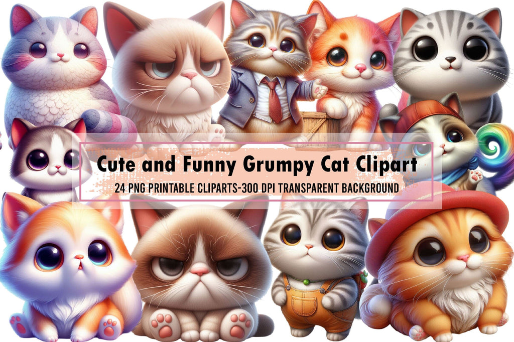 Cute and Funny Grumpy Cat Clipart Bundle - So Fontsy