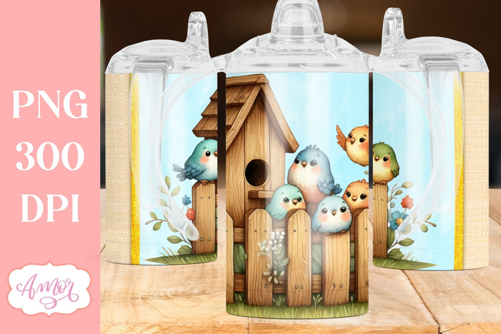 Cute birds sippy cup sublimation PNG | Kids tumbler template - So Fontsy