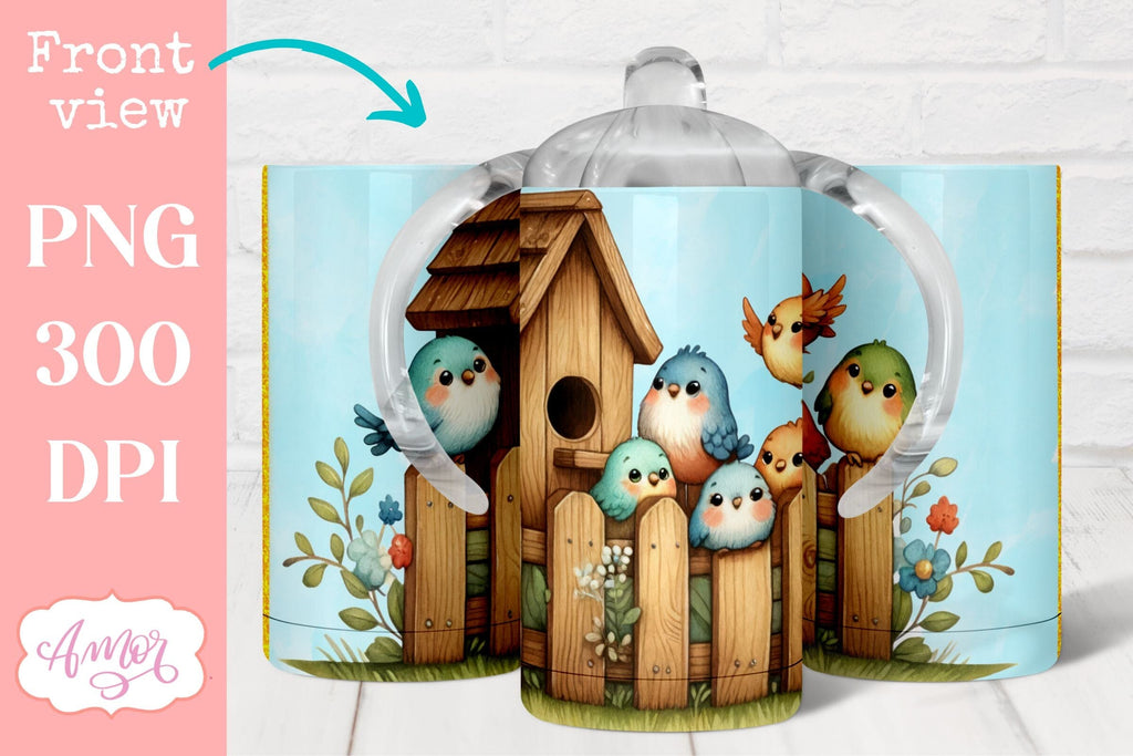 Cute birds sippy cup sublimation PNG | Kids tumbler template - So Fontsy