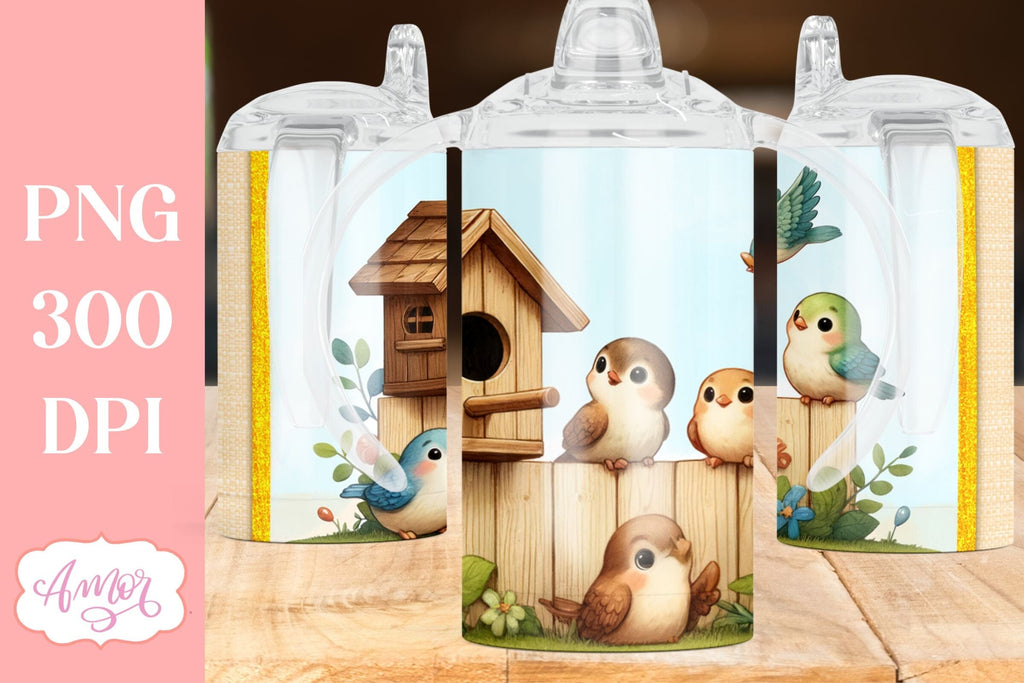 Cute birds sippy cup sublimation PNG | Kids tumbler template - So Fontsy