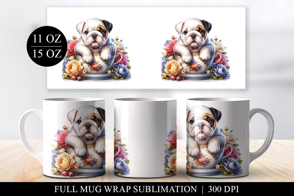 Cute Bulldog Floral Mug Design, Full Wrap Sublimation - So Fontsy