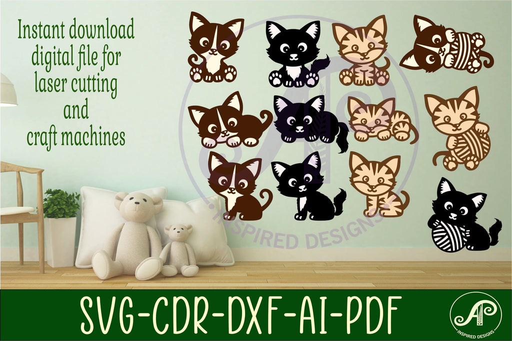 Cute Cat laser cut file shapes. 3 Cats in 4 positions, SVG - So Fontsy