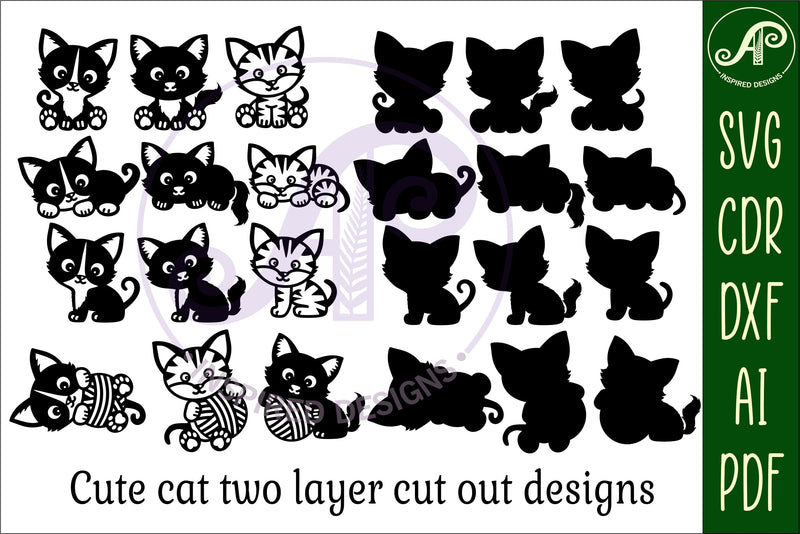 Cute Cat laser cut file shapes. 3 Cats in 4 positions, SVG - So Fontsy