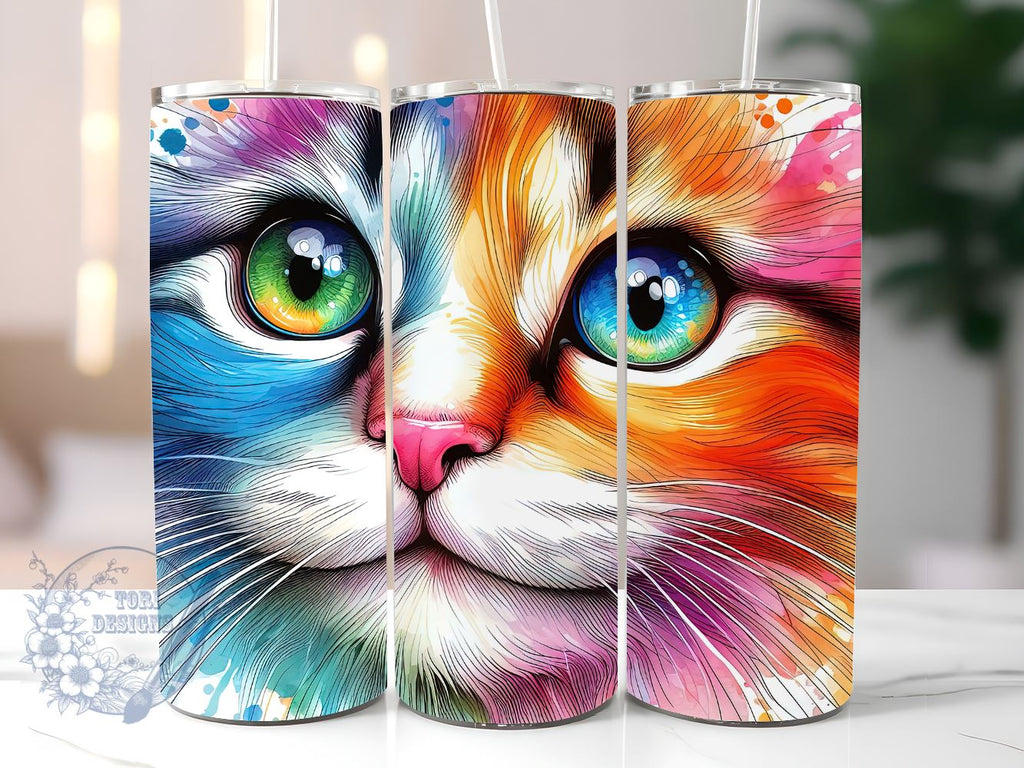 Cute Cat Neon 20 oz Skinny Tumbler Sublimation Design, Cats Rainbow ...
