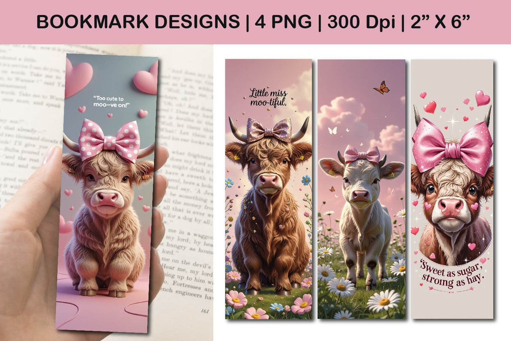 Cute cow bookmark design, pink bow bookmark design - So Fontsy