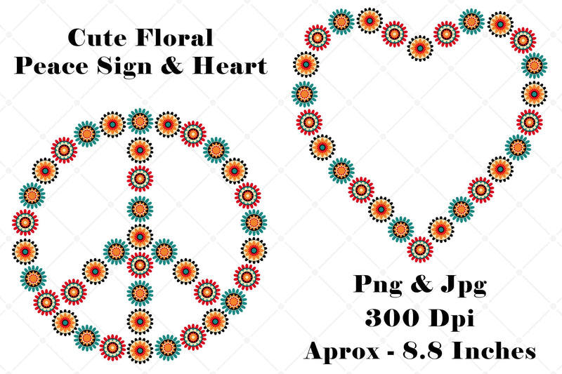 Cute Floral Peace Sign and Heart Graphic Design Elements - So Fontsy
