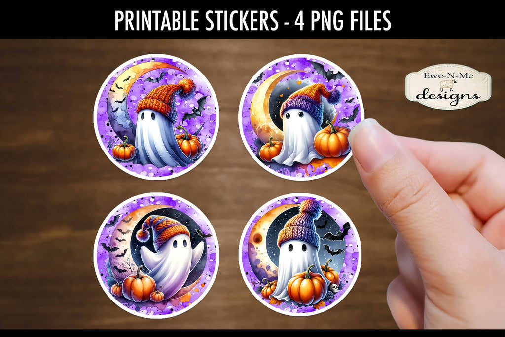 Cute Ghosts Round Printable Halloween Stickers | 4 PNG Files - So Fontsy