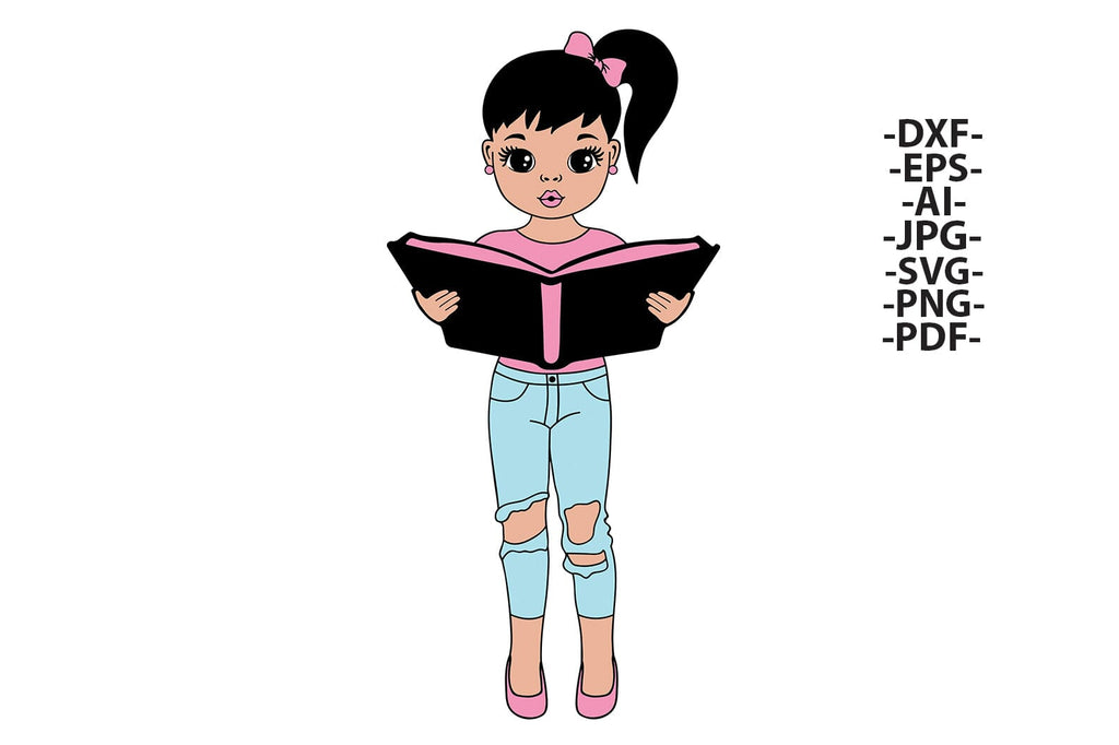 Cute Girl Reading Book SVG PNG JPG DXF PDF Clipart for Teacher ...