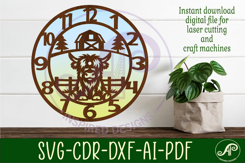 Cute Highland Cow clock wall clock laser cut file - So Fontsy