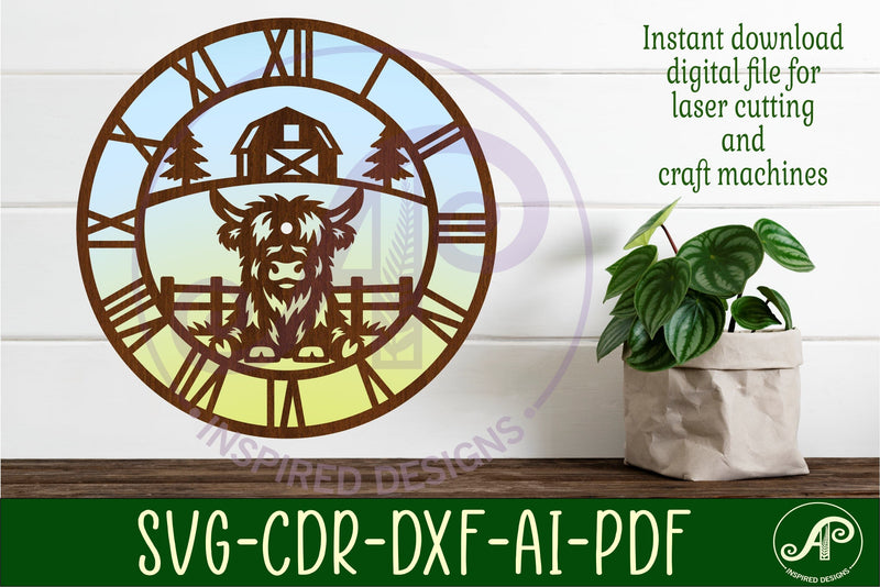 Cute Highland Cow clock wall clock laser cut file - So Fontsy