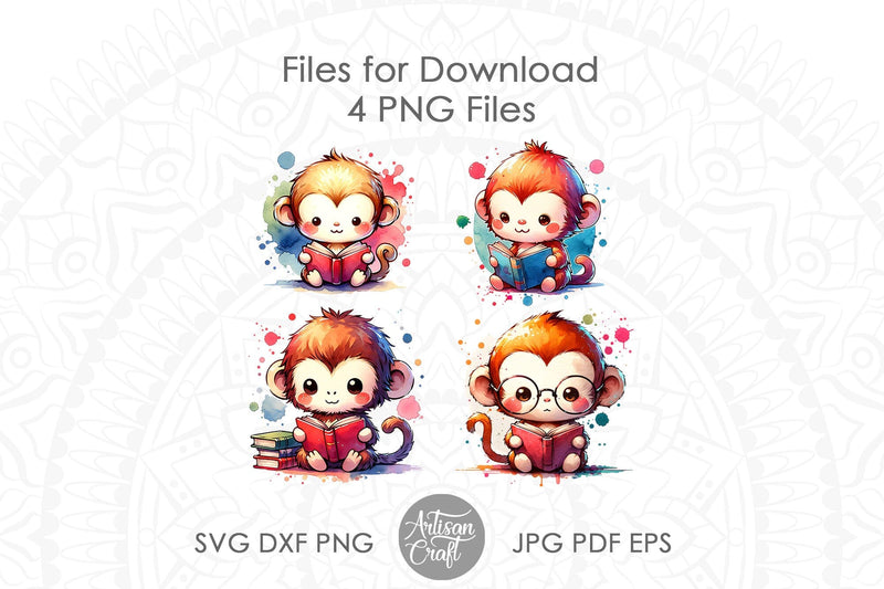 Cute Monkey reading book watercolor clipart bundle - So Fontsy