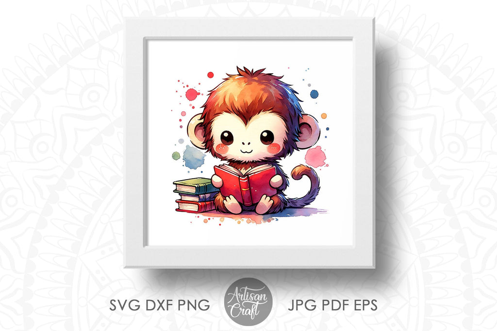 Cute Monkey reading book watercolor clipart bundle - So Fontsy