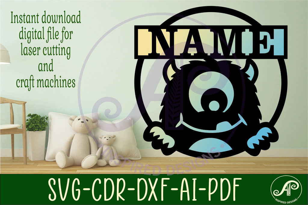 Cute monster name sign design 2 svg laser cut template - So Fontsy