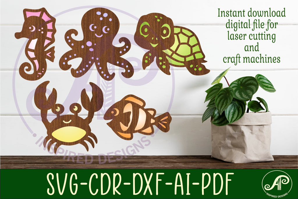 Cute ocean animals laser cut file shapes. 5 two layer shapes - So Fontsy