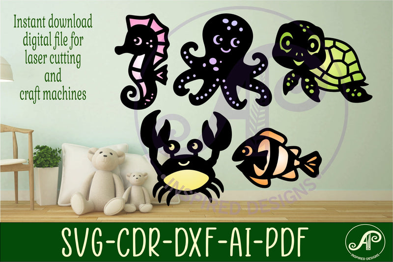 Cute ocean animals laser cut file shapes. 5 two layer shapes - So Fontsy
