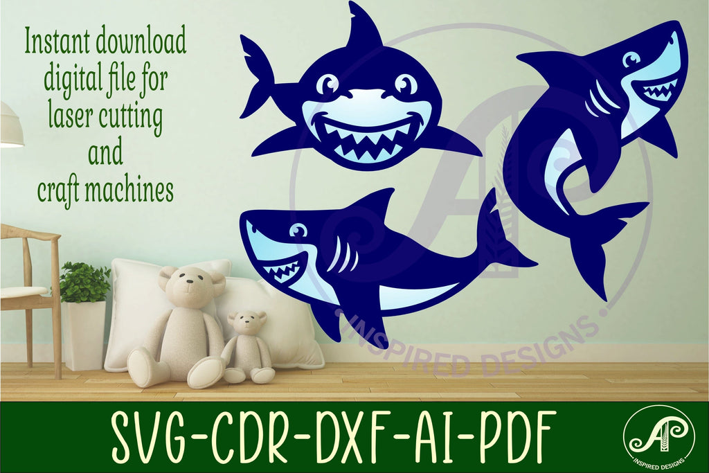 Cute Sharks two layer laser cut out SVG file - So Fontsy