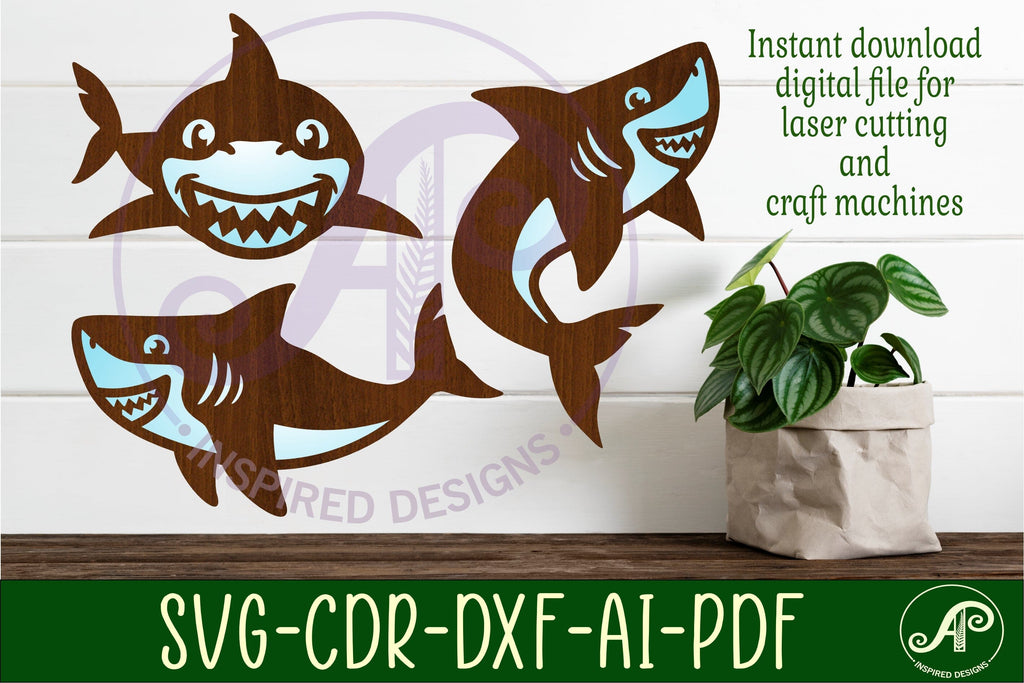 Cute Sharks two layer laser cut out SVG file - So Fontsy