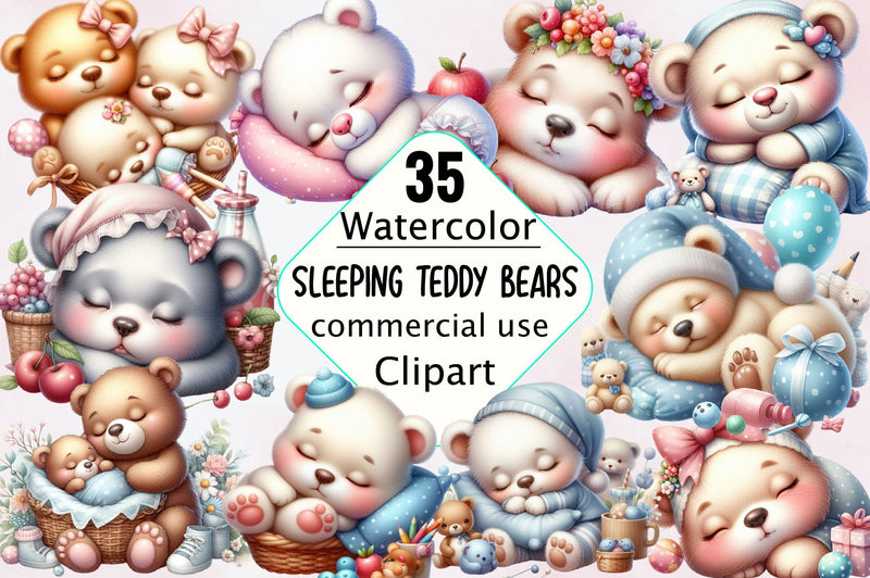 Cute Sleeping Teddy Bears Clipart Bundle - So Fontsy