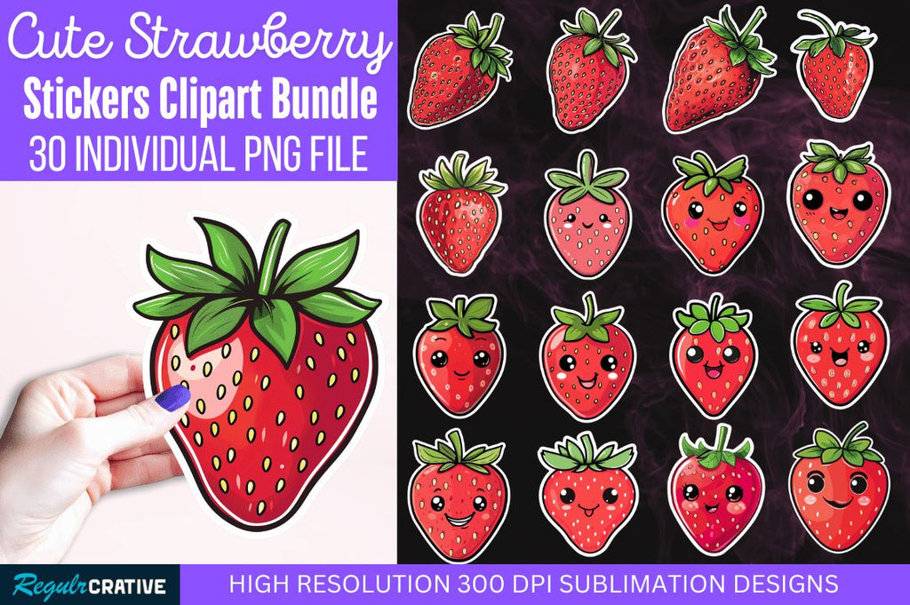 Cute Strawberry Stickers Bundle - So Fontsy