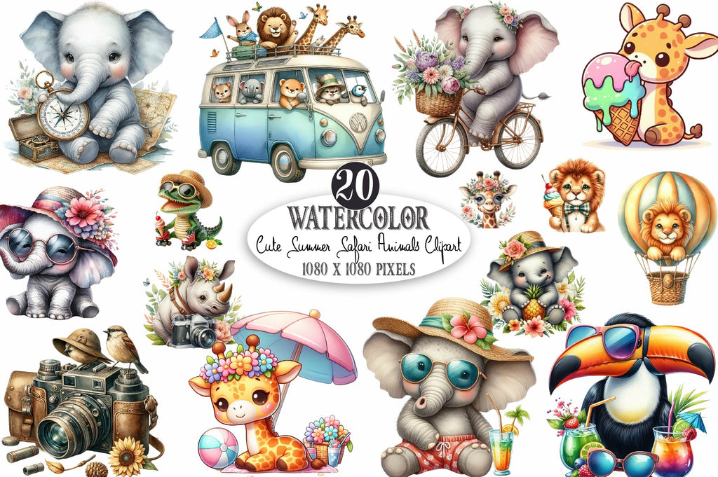 Cute Summer Safari Animals Clipart Png - So Fontsy