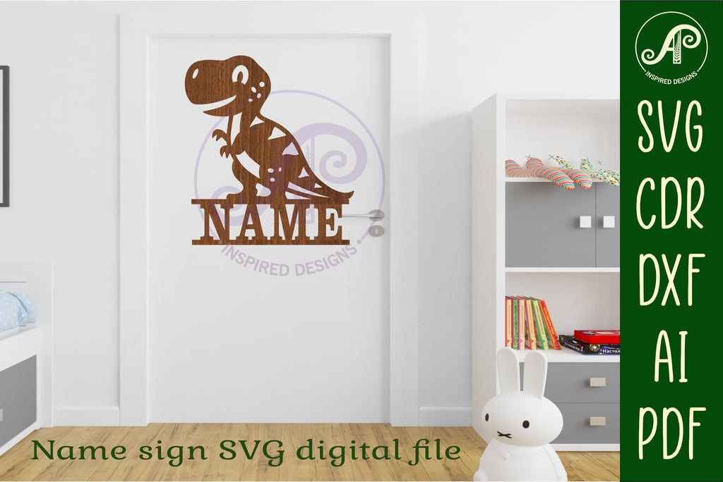 Cute T Rex shape name sign svg laser cut file - So Fontsy