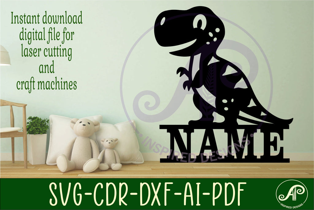 Cute T Rex shape name sign svg laser cut file - So Fontsy