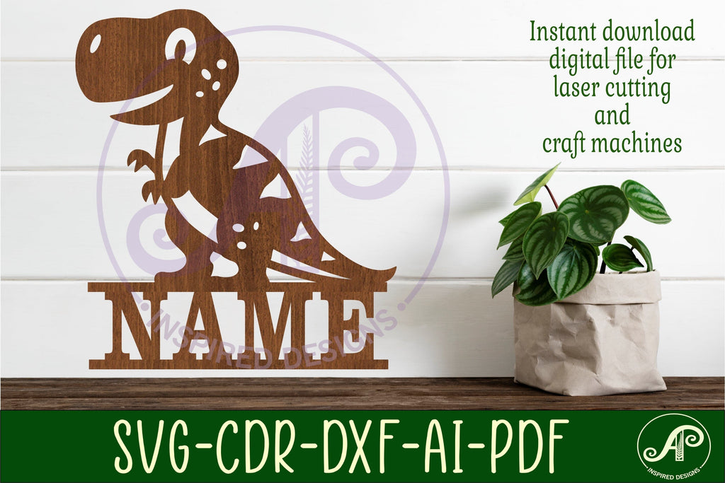 Cute T Rex shape name sign svg laser cut file - So Fontsy