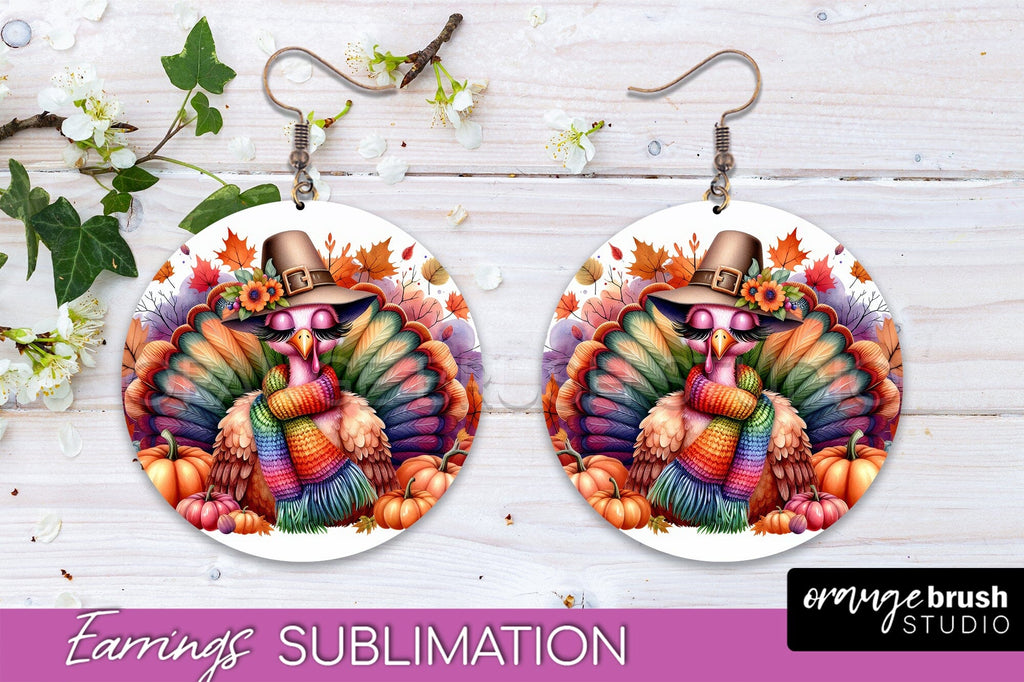 Cute Turkey Round Earrings, Thanksgiving Earring Sublimation - So Fontsy