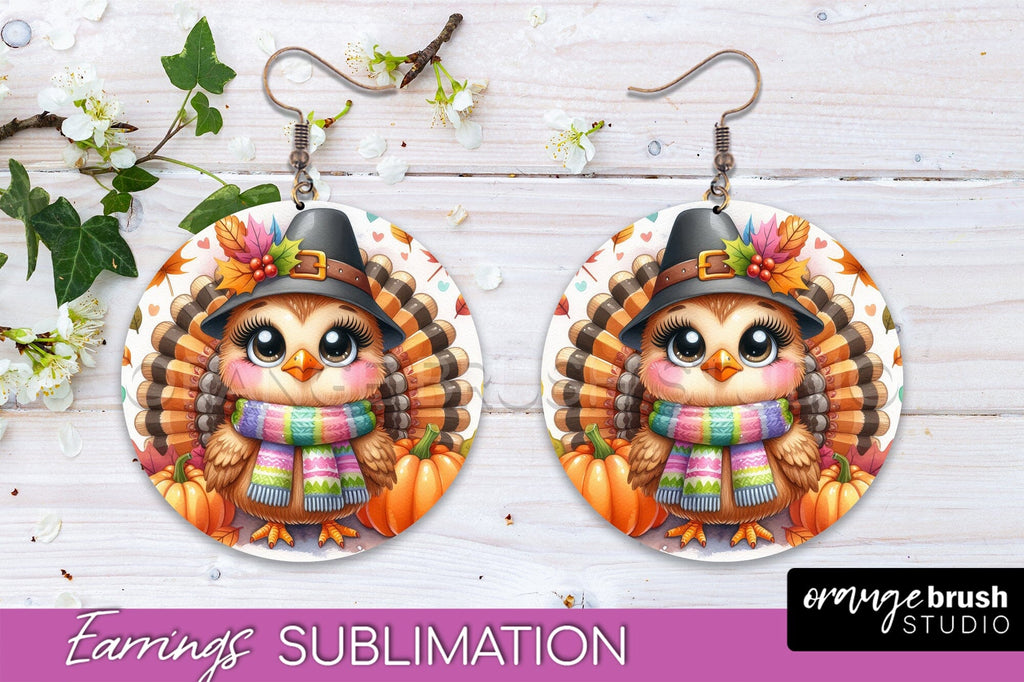 Cute Turkey Round Earrings, Thanksgiving Earring Sublimation - So Fontsy