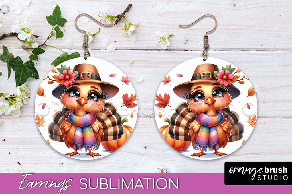 Cute Turkey Round Earrings, Thanksgiving Earring Sublimation - So Fontsy