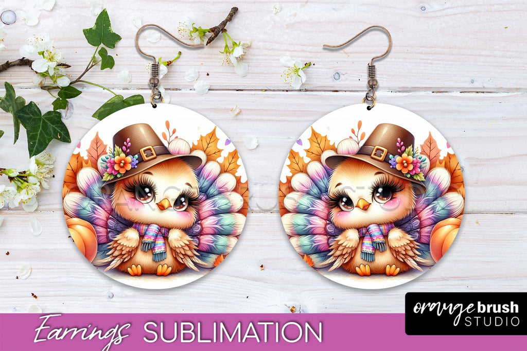 Cute Turkey Round Earrings, Thanksgiving Earring Sublimation - So Fontsy