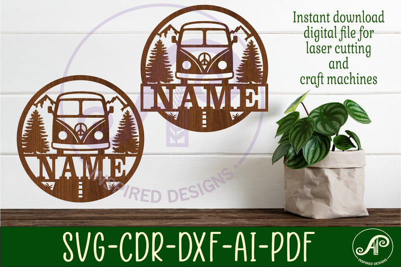cute vintage camper van themed name sign svg laser - So Fontsy