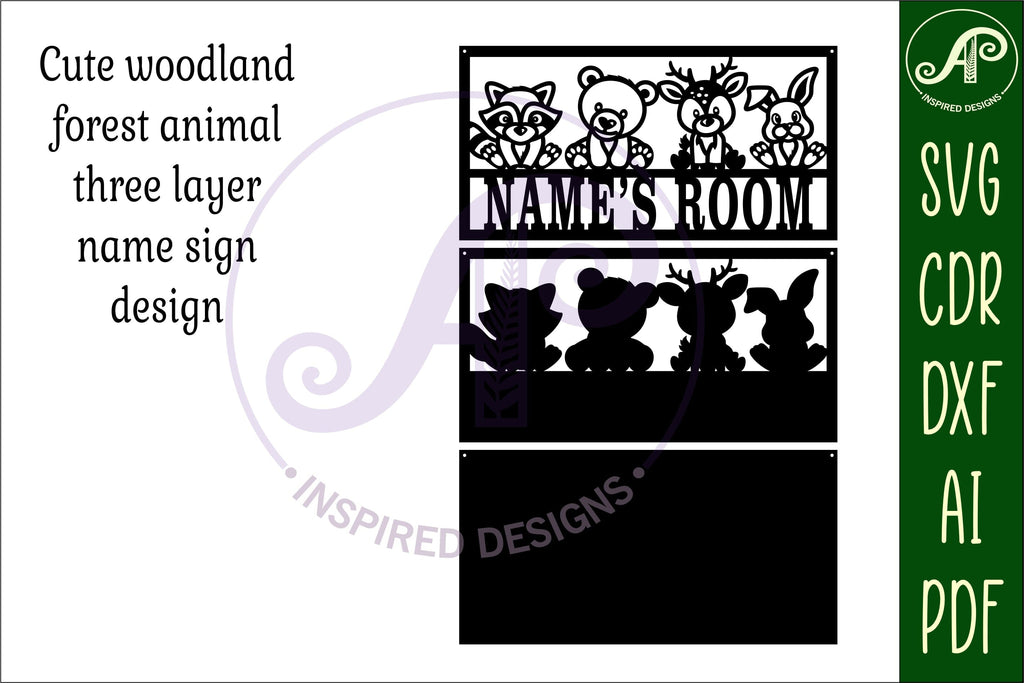 Cute woodland animals scene name sign SVG 3 layer laser cut - So Fontsy