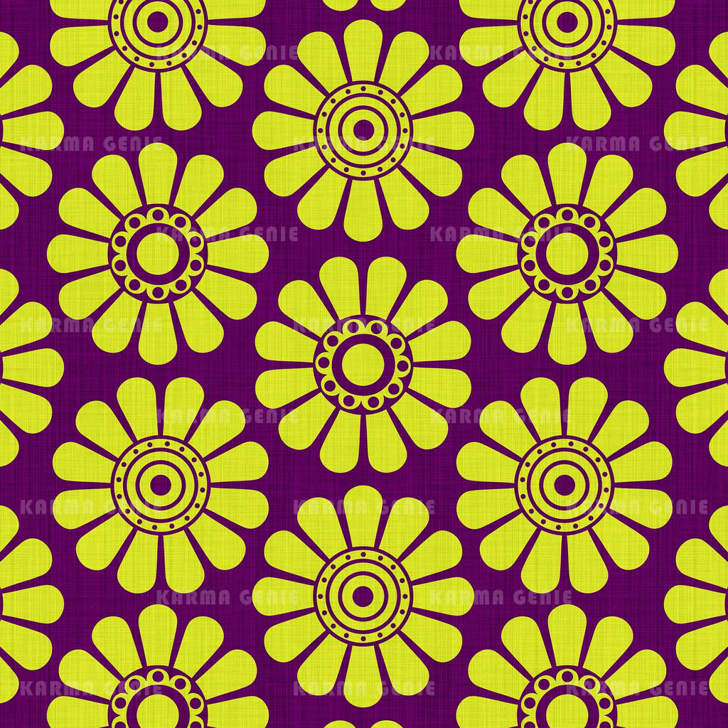 Cyber Lime Green Flowers On Purple Pattern Wallpaper With Fabric ...
